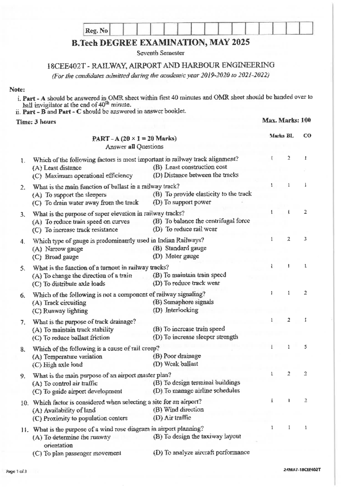 B.Tech 18CEE402T Final Exam QP: Railway, Airport & Harbour Engg. May ...