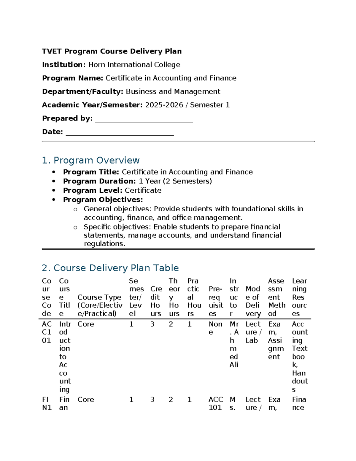 TVET Course Delivery Plan: Certificate in Accounting & Finance - Studocu