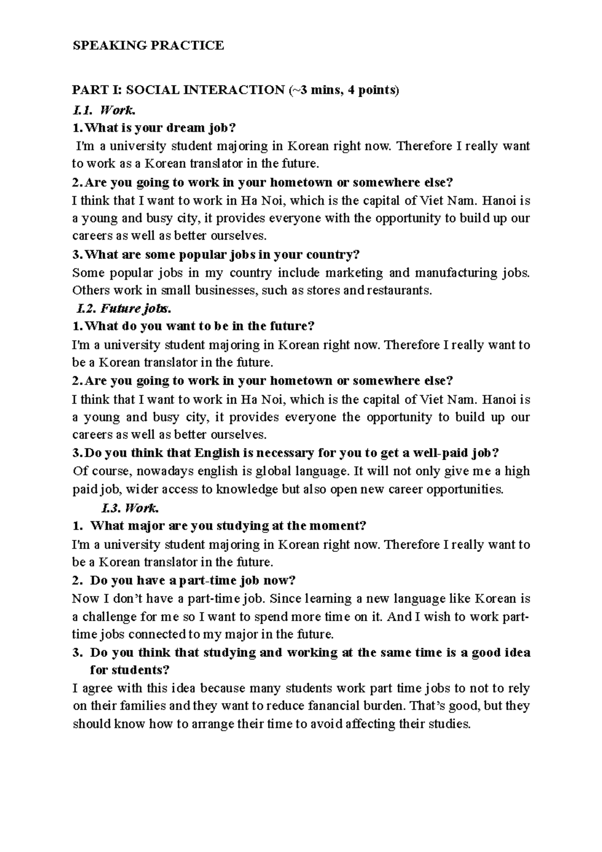 Speaking Practice: Future Job Aspirations & Social Interactions - Studocu