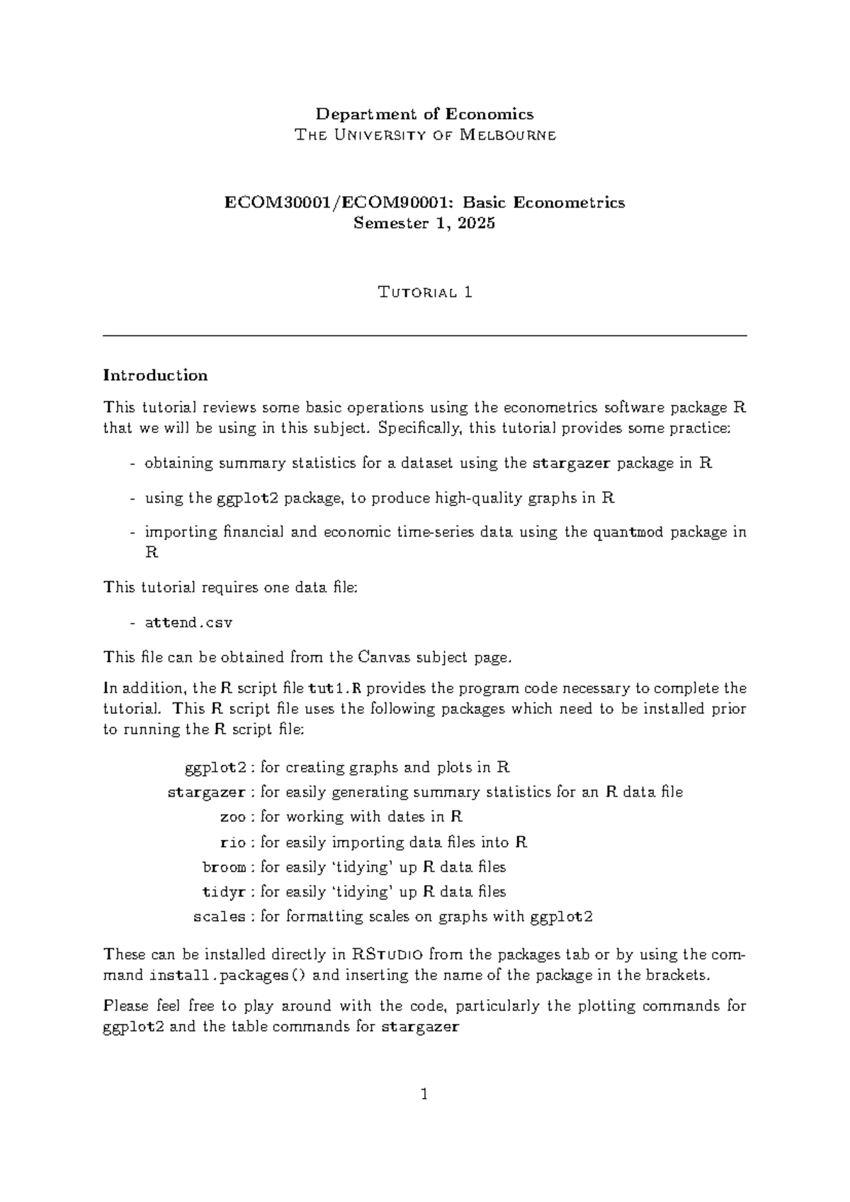 Tut1 2025 - Basic Econometrics Tutorial 1: R Software Operations - Studocu