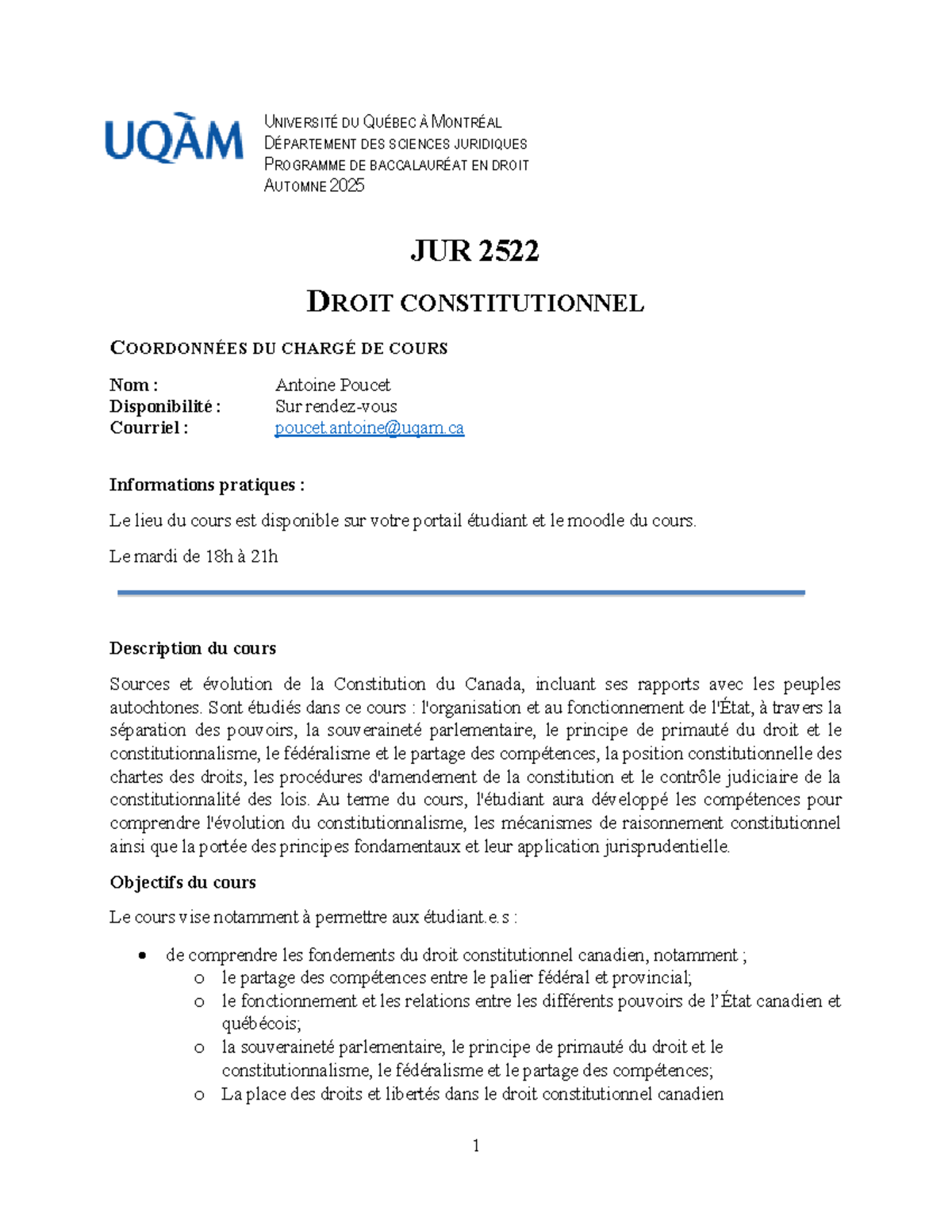 Plan de Cours JUR 2522 - Droit Constitutionnel Automne 2025 - Studocu