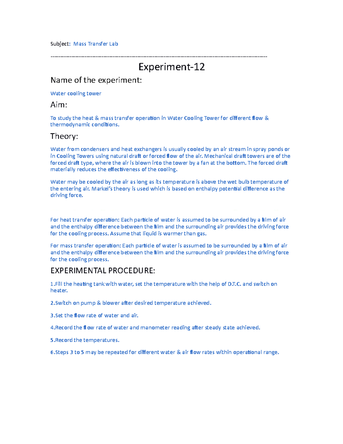 Mass Transfer Lab - Experiment 12: Water Cooling Tower Study - Studocu