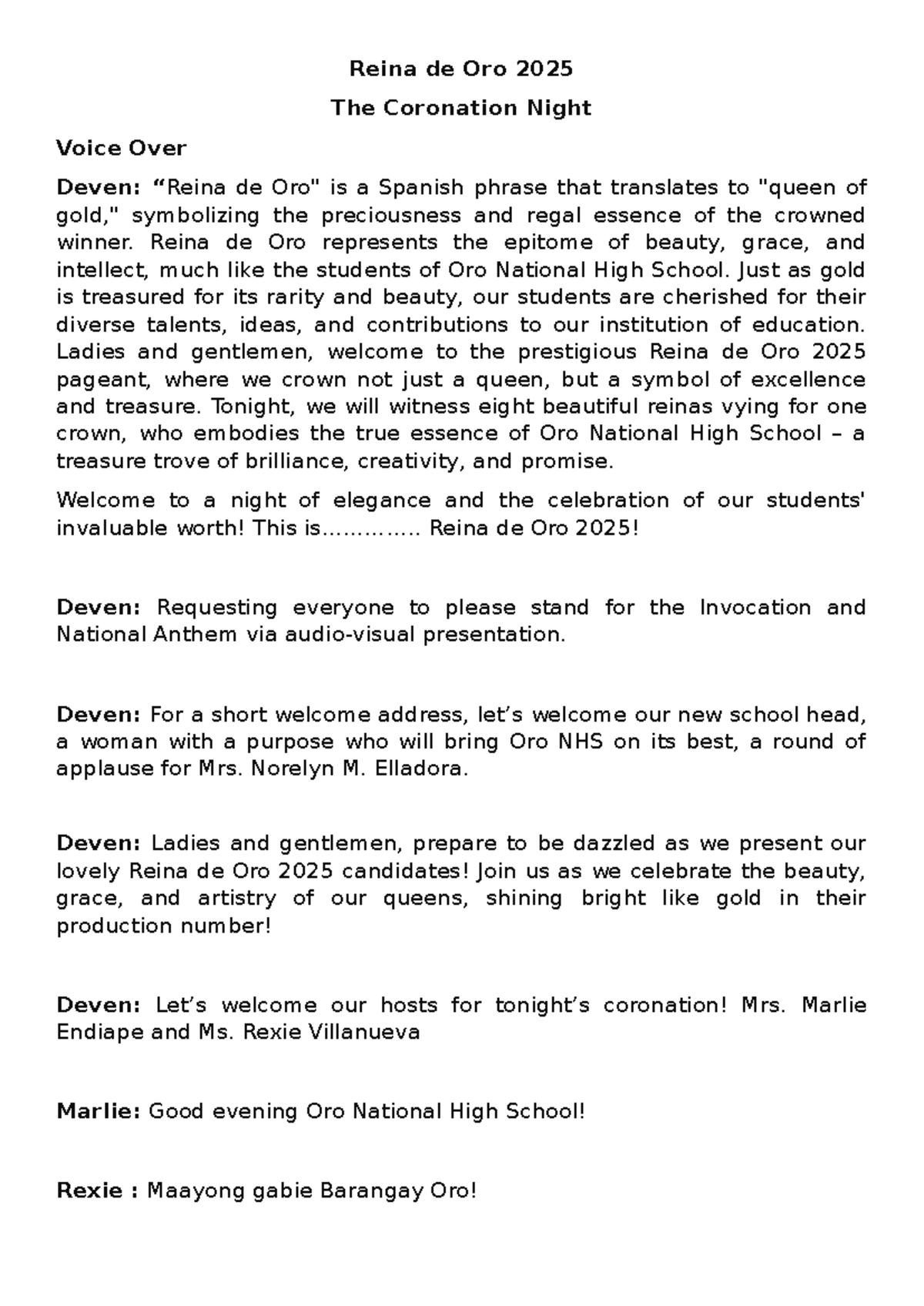 Reina de Oro 2025: Coronation Night Script for Oro NHS Event - Studocu