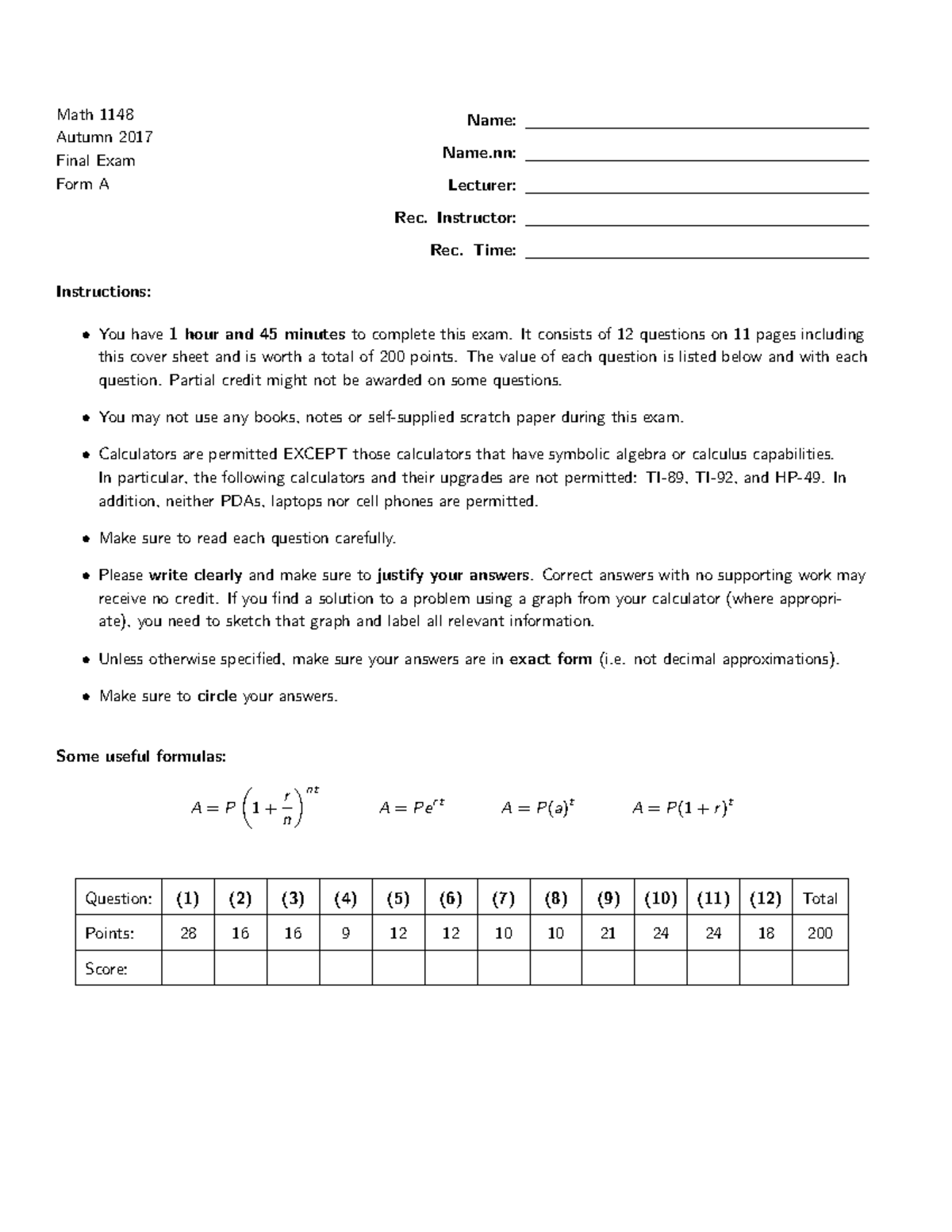 Math 1148 Sample Final Exam Form A AU17: Key Concepts & Questions - Studocu