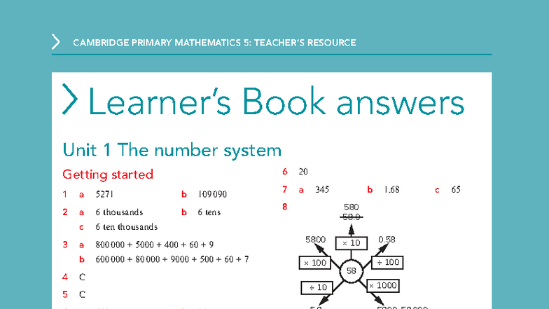 CAMBRIDGE PRIMARY MATHEMATICS 5: RESOURCE Book Answers for Units 1-18 ...