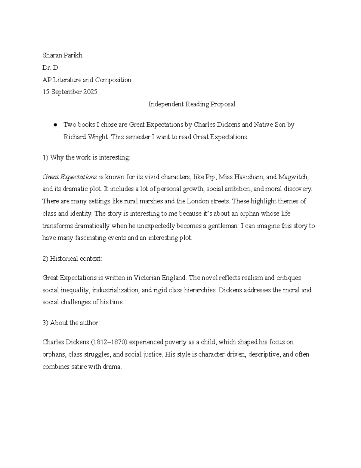 AP Lit Independent Reading Proposal: Great Expectations Analysis - Studocu
