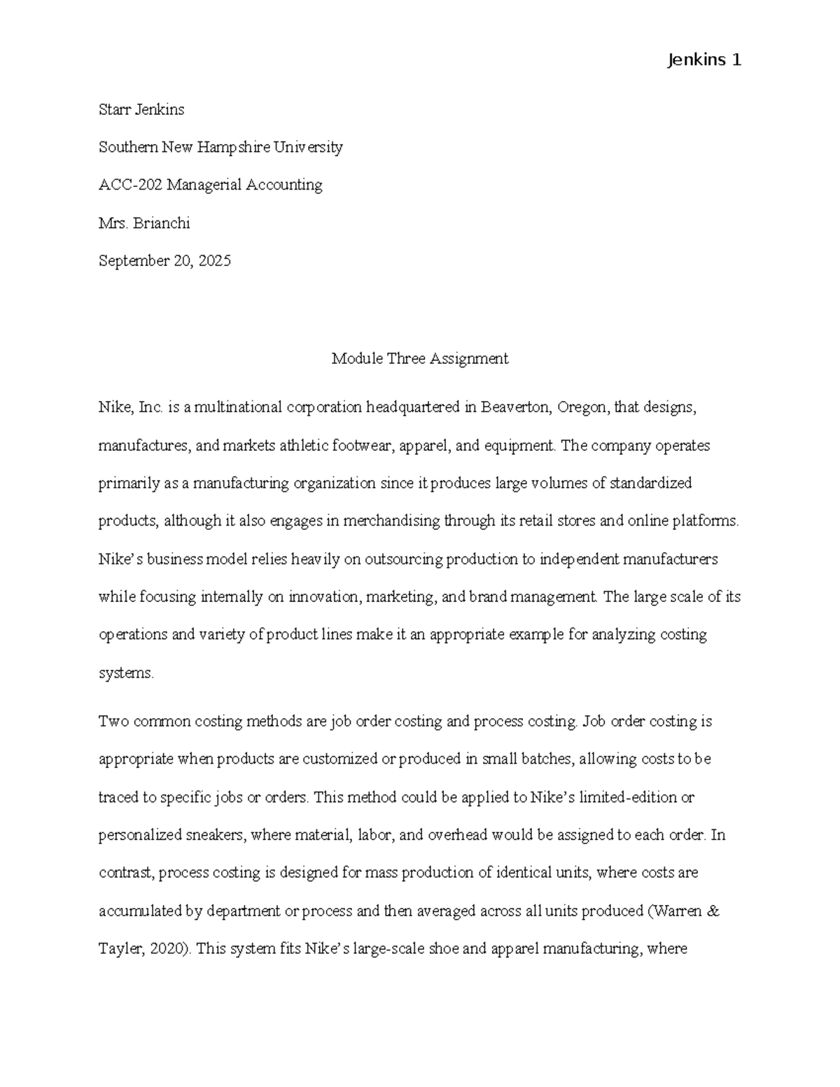 ACC-202 Module 3 Assignment: Costing Methods Analysis for Nike, Inc. - Studocu