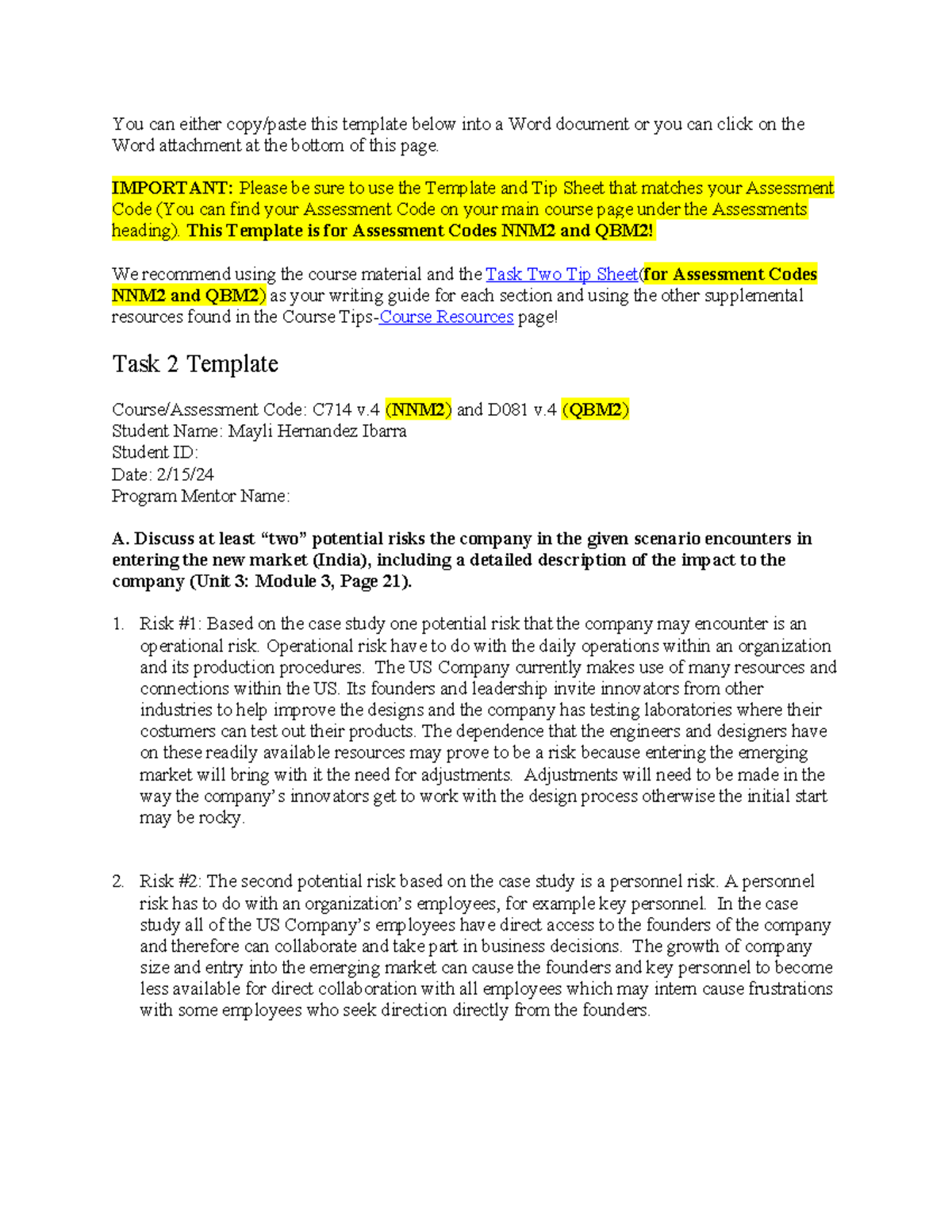 C714-D081 Task 2: SWOT Analysis and Risk Assessment for Market Entry ...