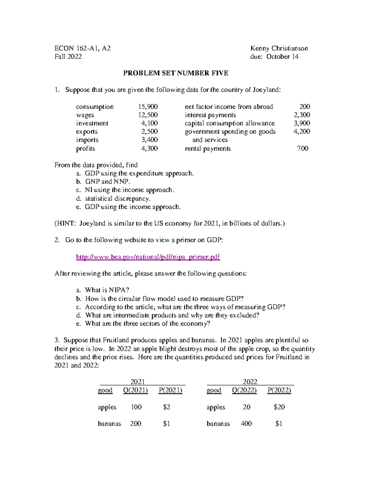 Problem 5 - ECON 162-A1, A2 Kenny Christianson Fall 2022 due: October 14 PROBLEM SET NUMBER FIVE ...