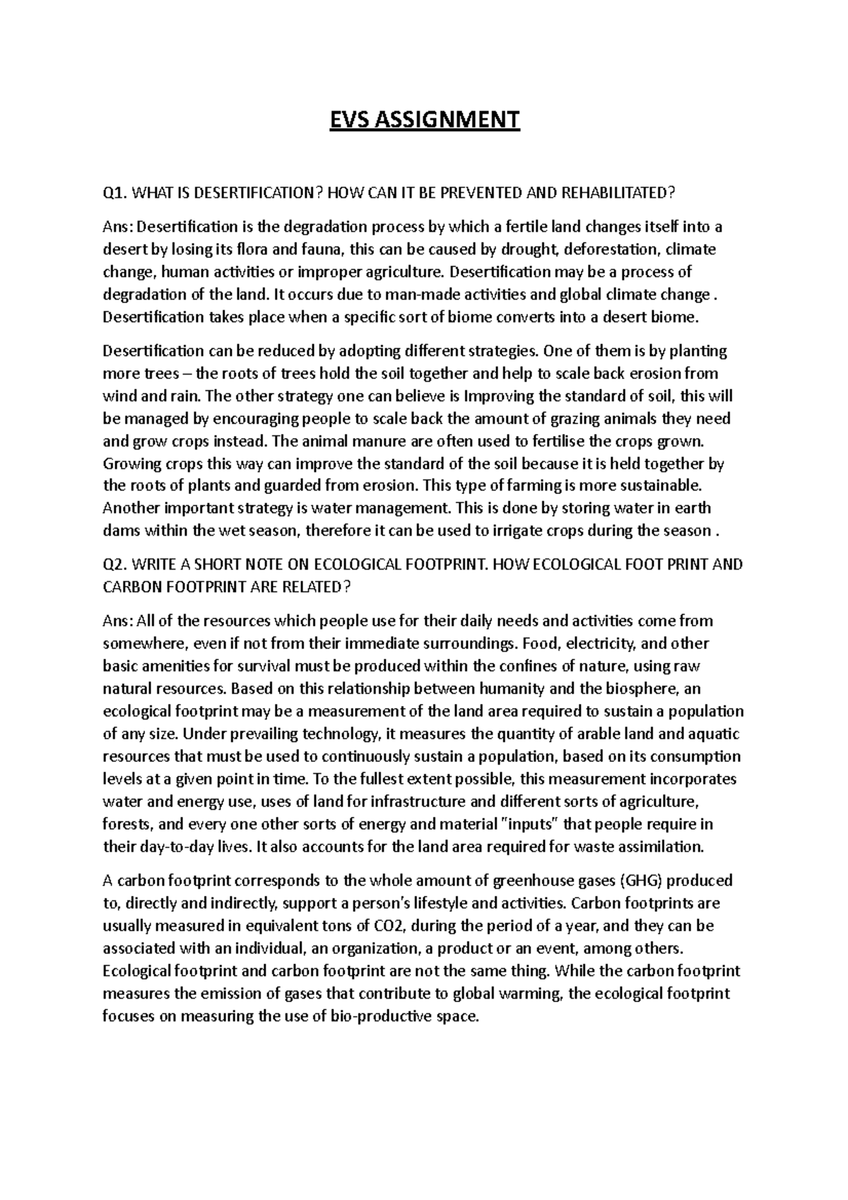 WHAT IS DESERTIFICATION? HOW CAN IT BE PREVENTED AND REHABILITATED? - EVS ASSIGNMENT Q1. WHAT IS ...