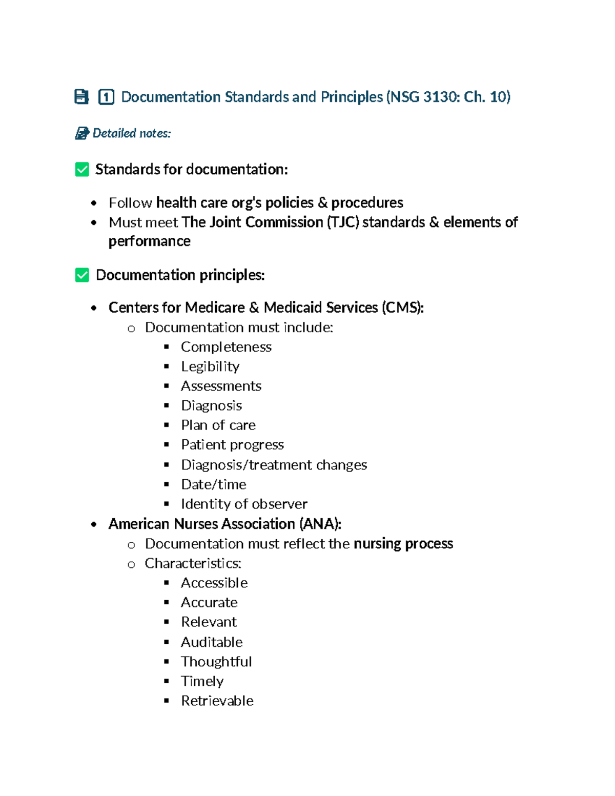 Documentation Standards and Principles (NSG 3130: Ch. 10) Notes - Studocu