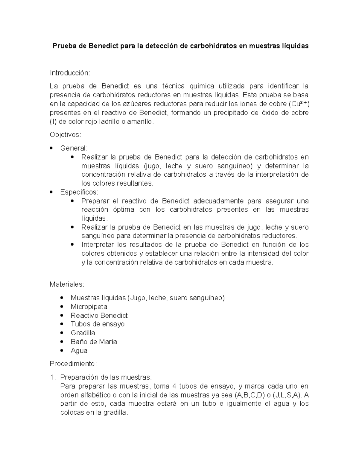 Guía de Prueba de Benedict para Detección de Carbohidratos - Studocu