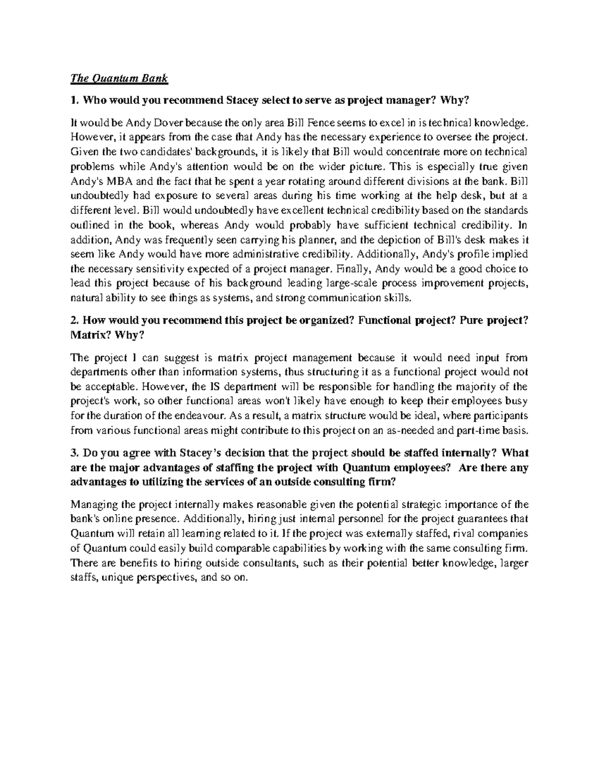 Quantum Bank Lecture Notes - Project Management Perspectives - Studocu
