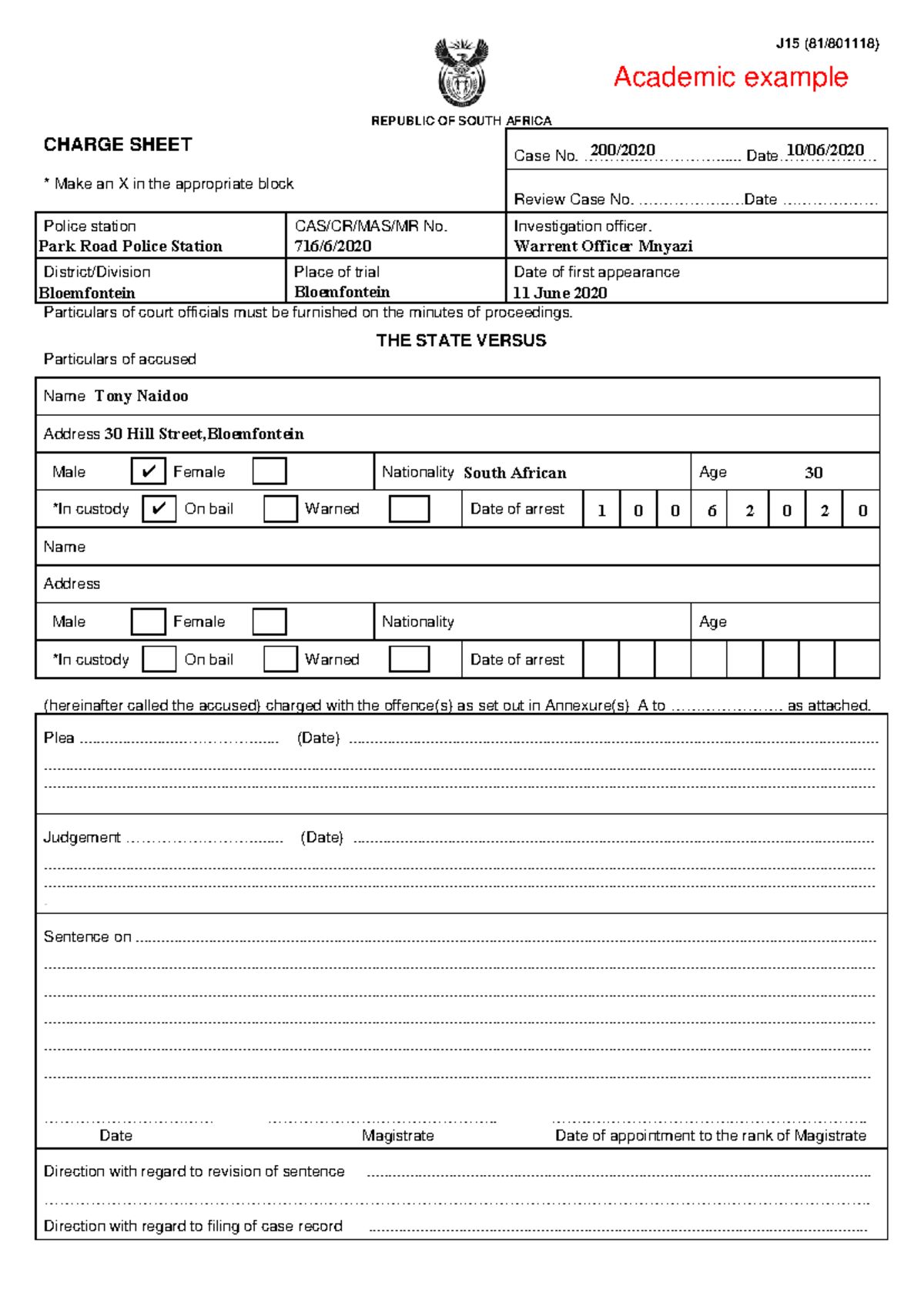 J15 - Charge Sheet Template for Legal Proceedings - Studocu