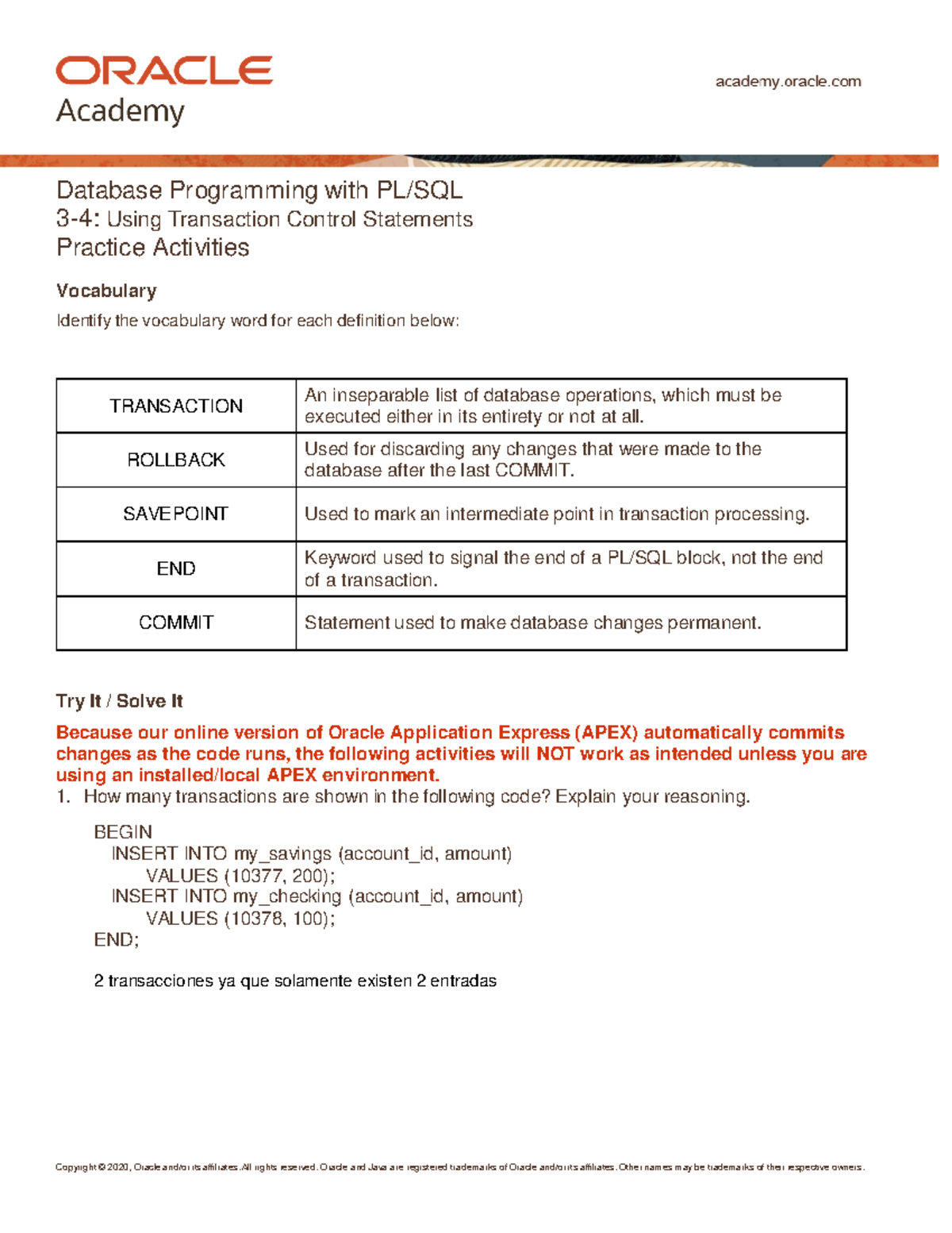 Plsql 3 4 Practice Database Programming With Plsql 3 4 Using Transaction Control Statements