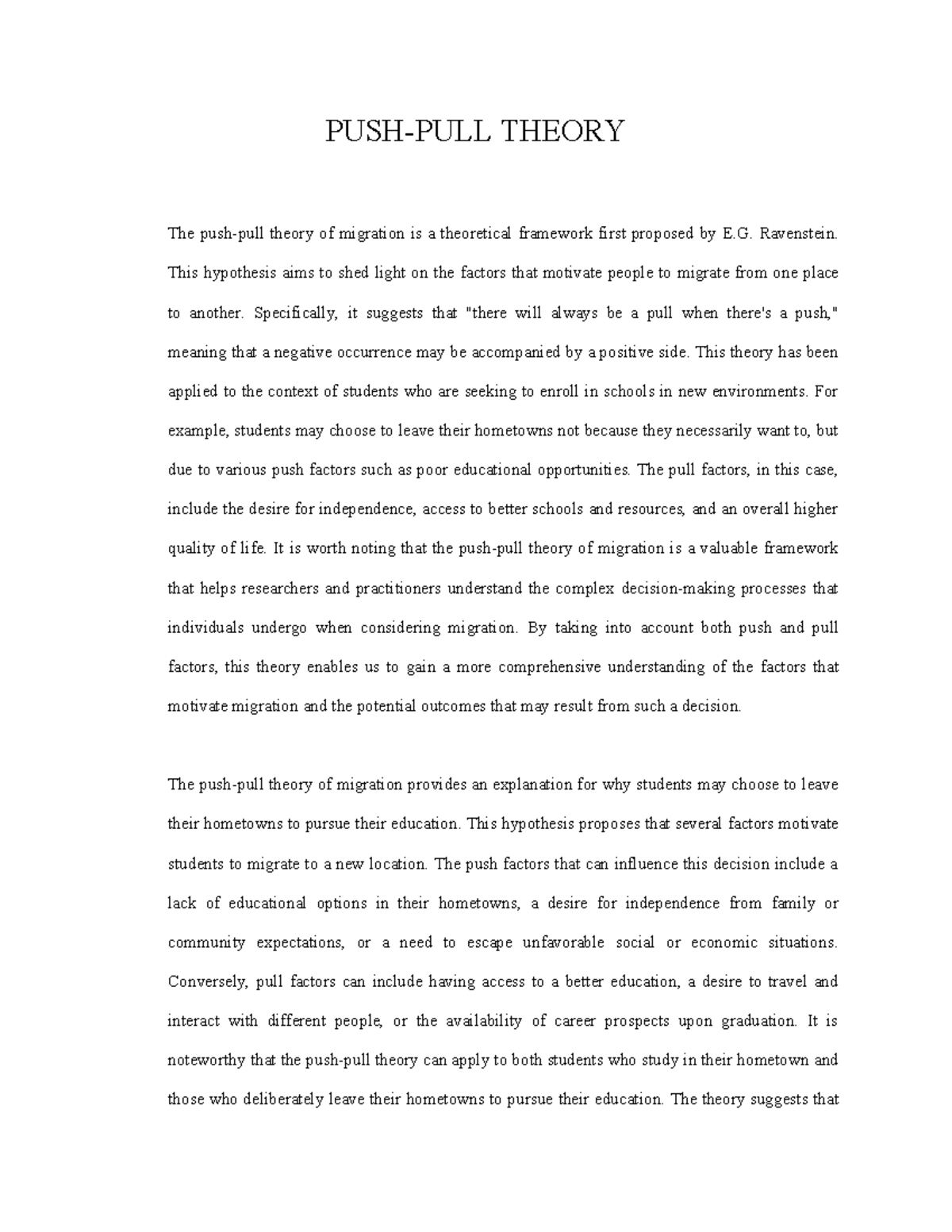 PUSH-PULL Theory of Migration: Understanding Student Mobility - Studocu