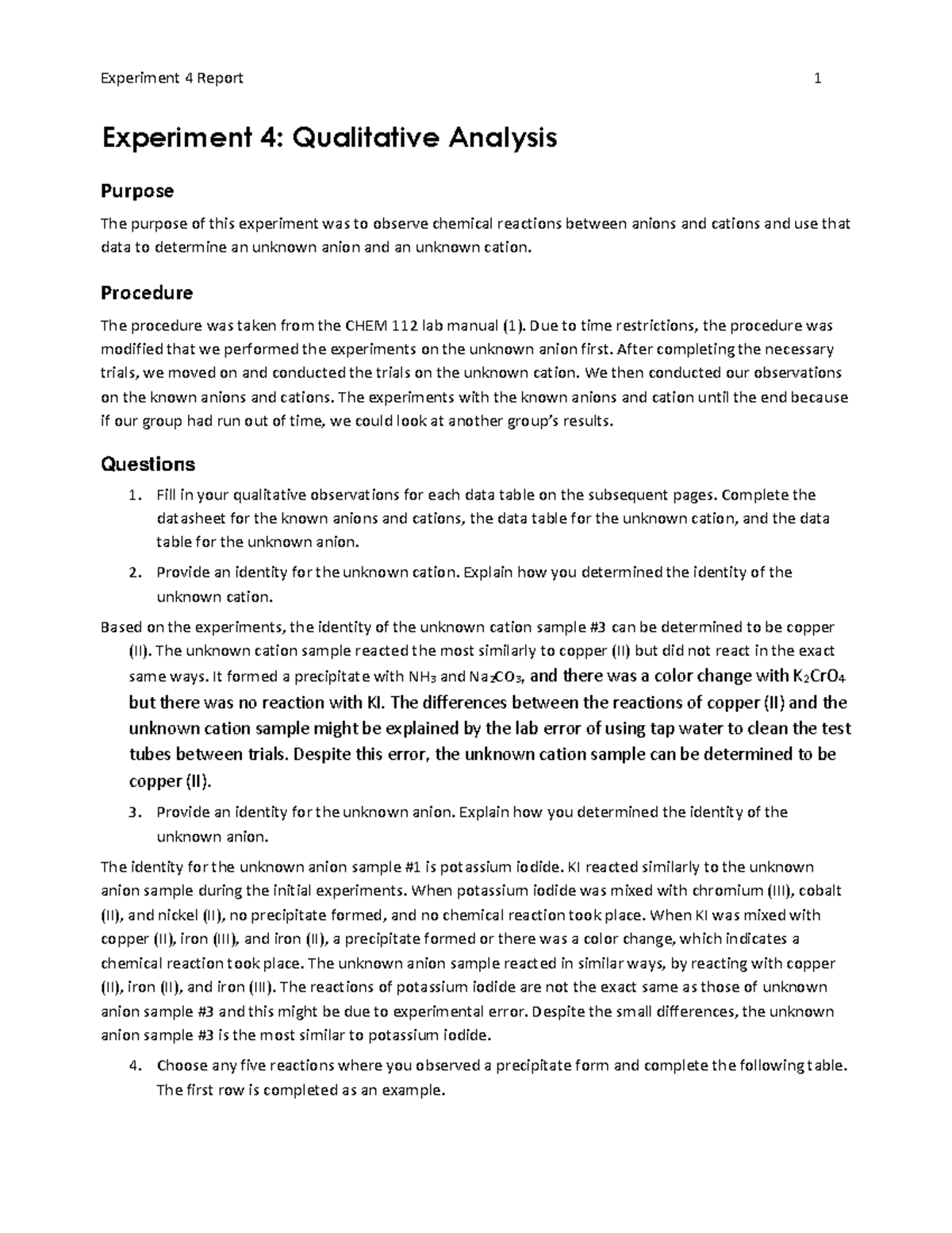 Lab 4: Qualitative Analysis Report for CHEM 112 - Studocu