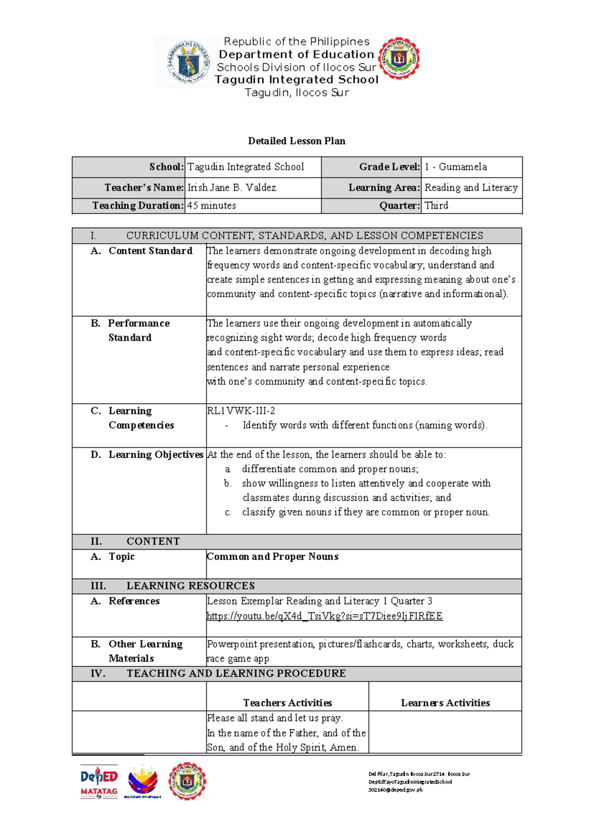DLP-R&L1: Detailed Lesson Plan on Common and Proper Nouns - Studocu