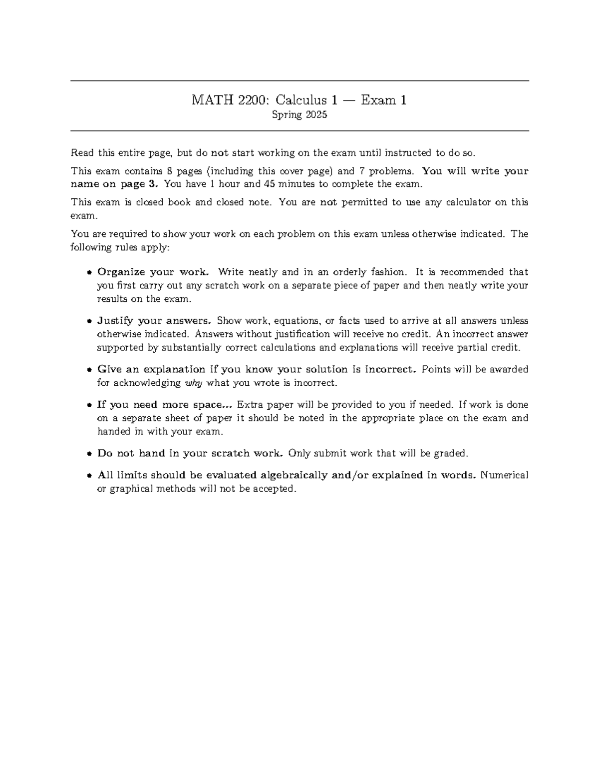 MATH 2200: Calculus 1 Exam 1 Guidelines & Problems Spring 2025 - Studocu