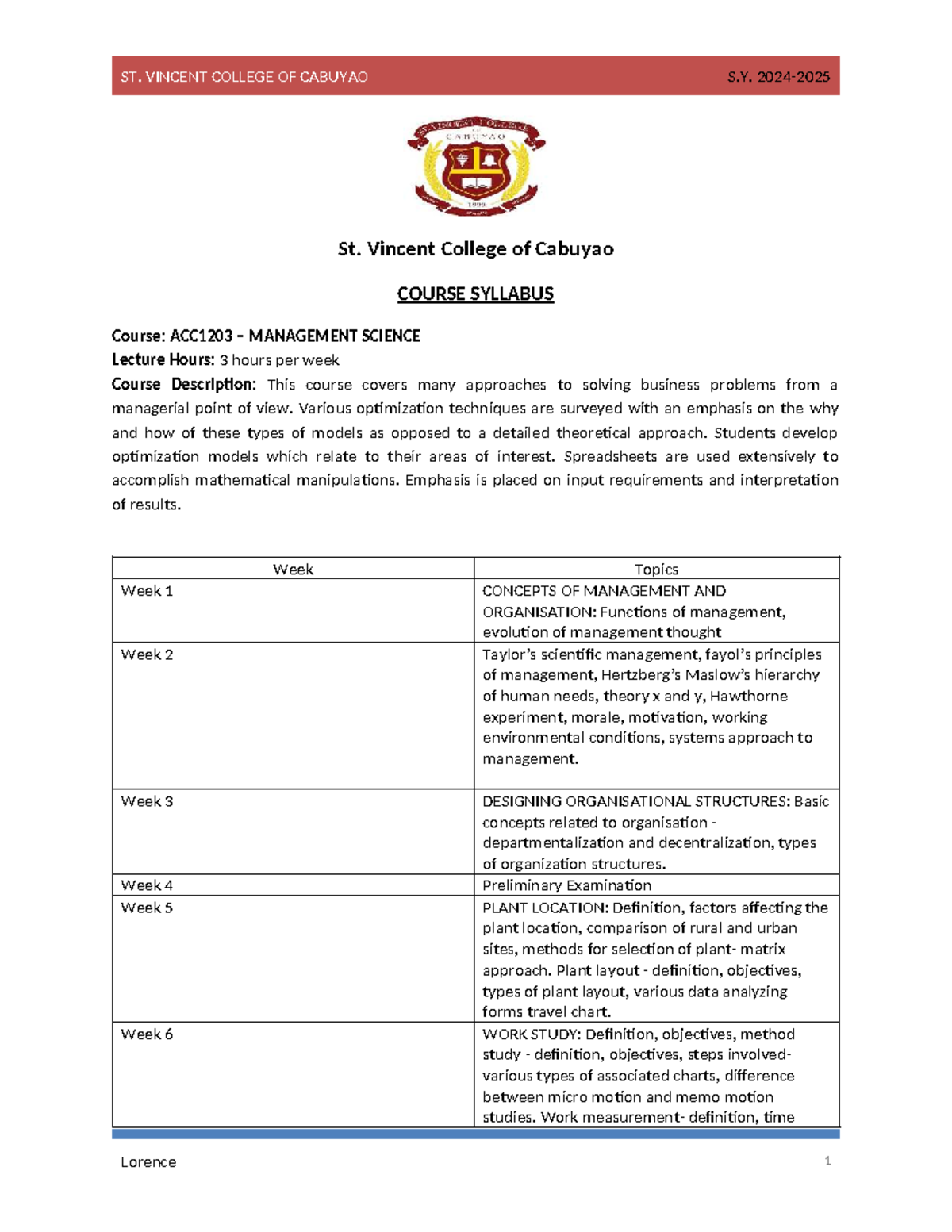 ACC1203 Management Science Course Syllabus Overview - Studocu