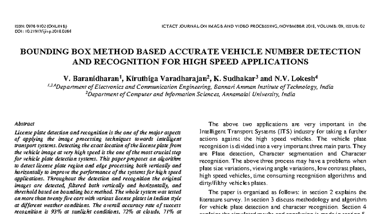 Bounding Box Method for Accurate Vehicle Number Plate Detection in High Speed - Studocu