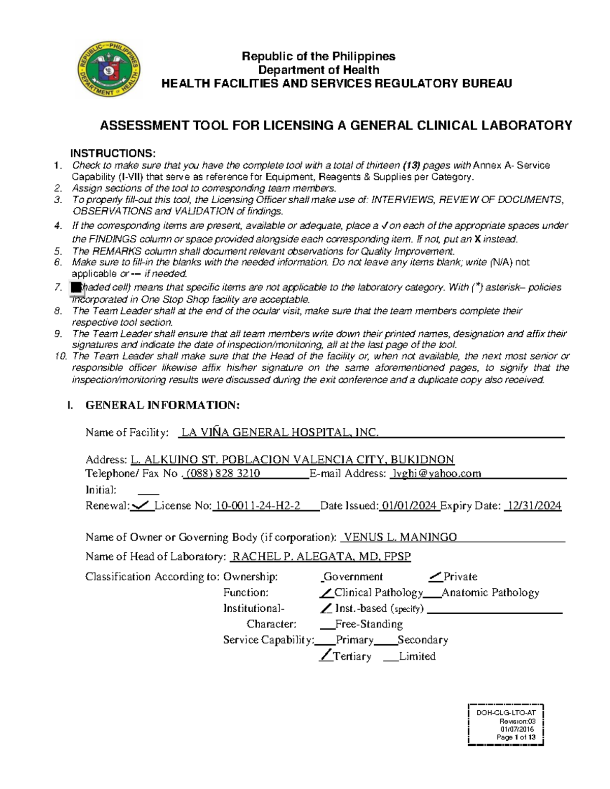 Assessment Tool for Licensing a General Clinical Laboratory (DOH) - Studocu