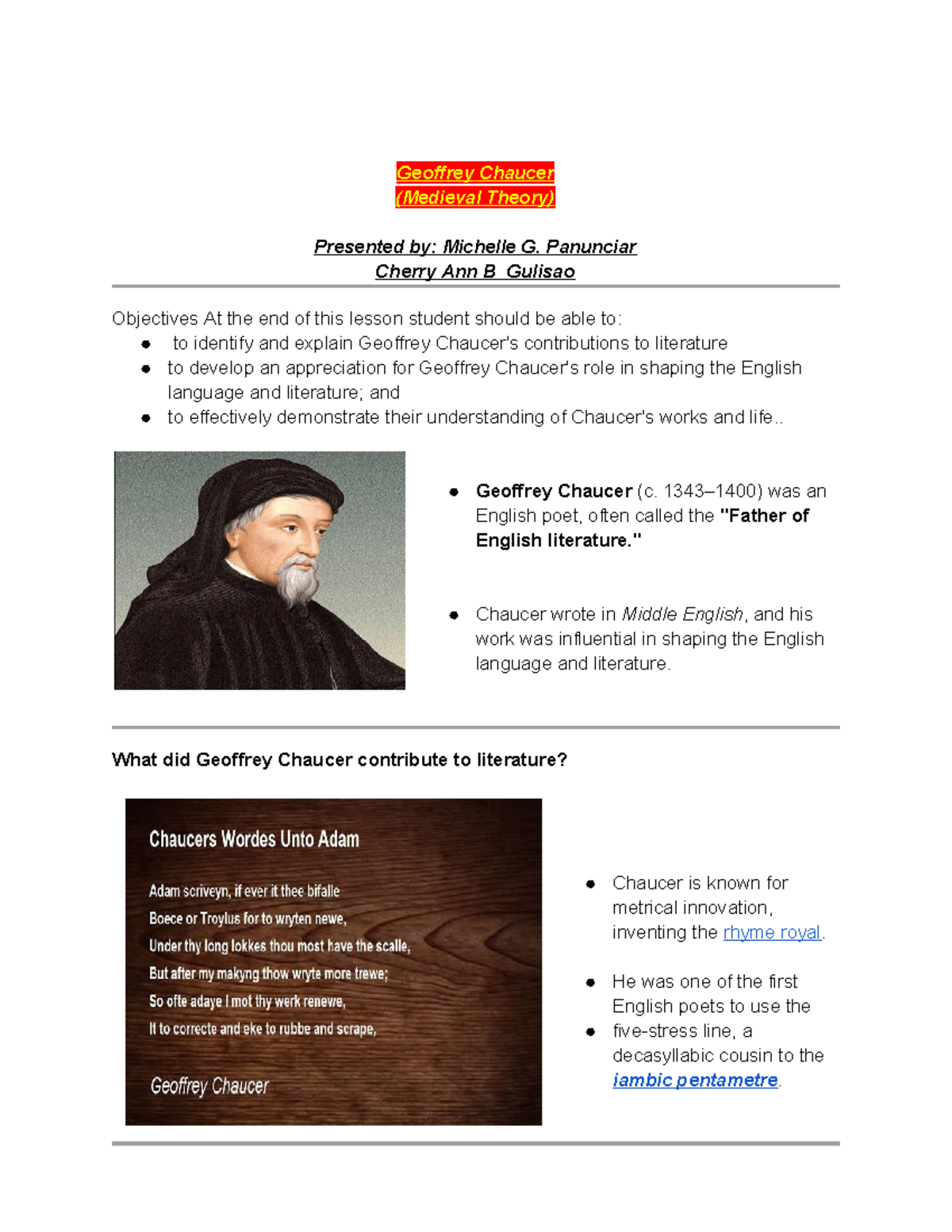 Medieval Theory Chaucer Panunciar and Gulisao - Geoffrey Chaucer ...