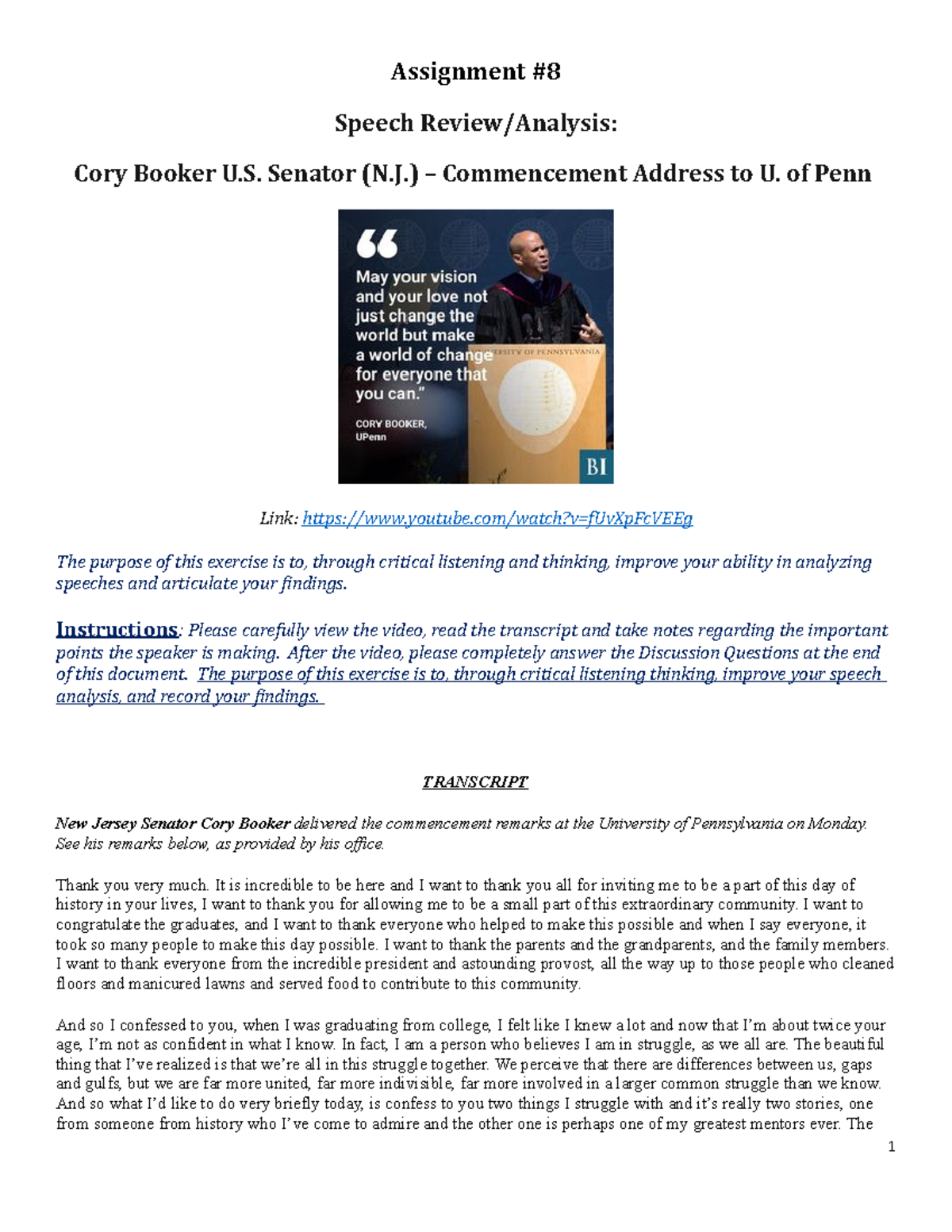 Assignment #8 - Speech Analysis of Cory Booker's Commencement Address ...