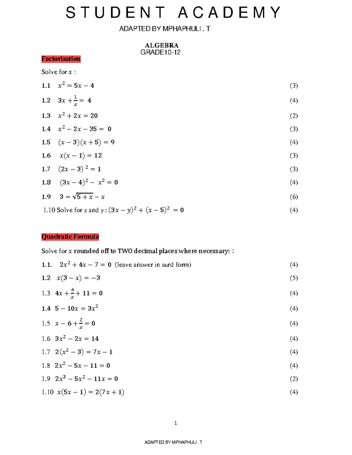 Student Academy Algebra Grade 10-12 - ALGEBRA Factorisation Solve for 𝑥 ...