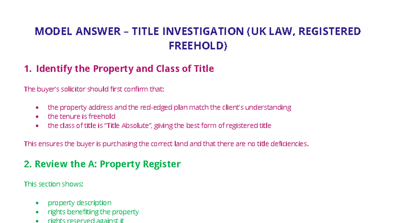 Model Answer: Title Investigation (UK Law, Registered Freehold) - Studocu
