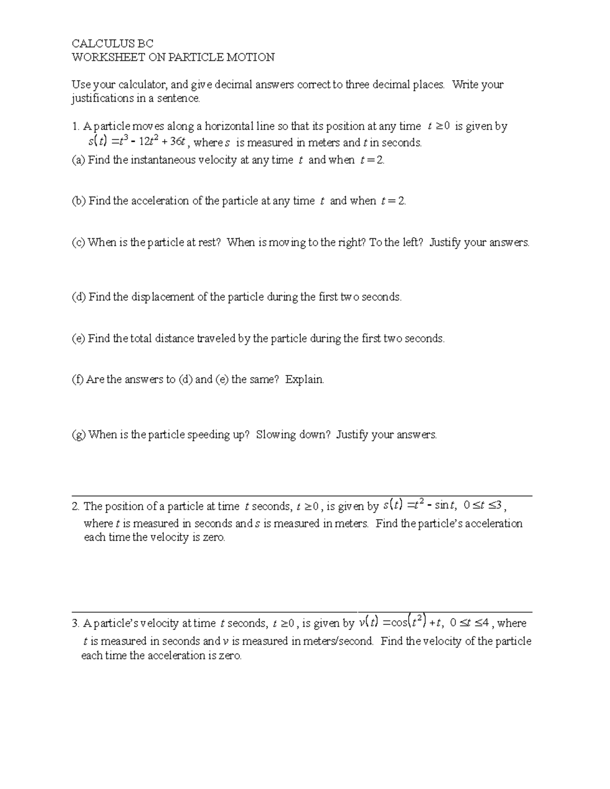 2d more practice on particle motion - CALCULUS BC WORKSHEET ON PARTICLE ...