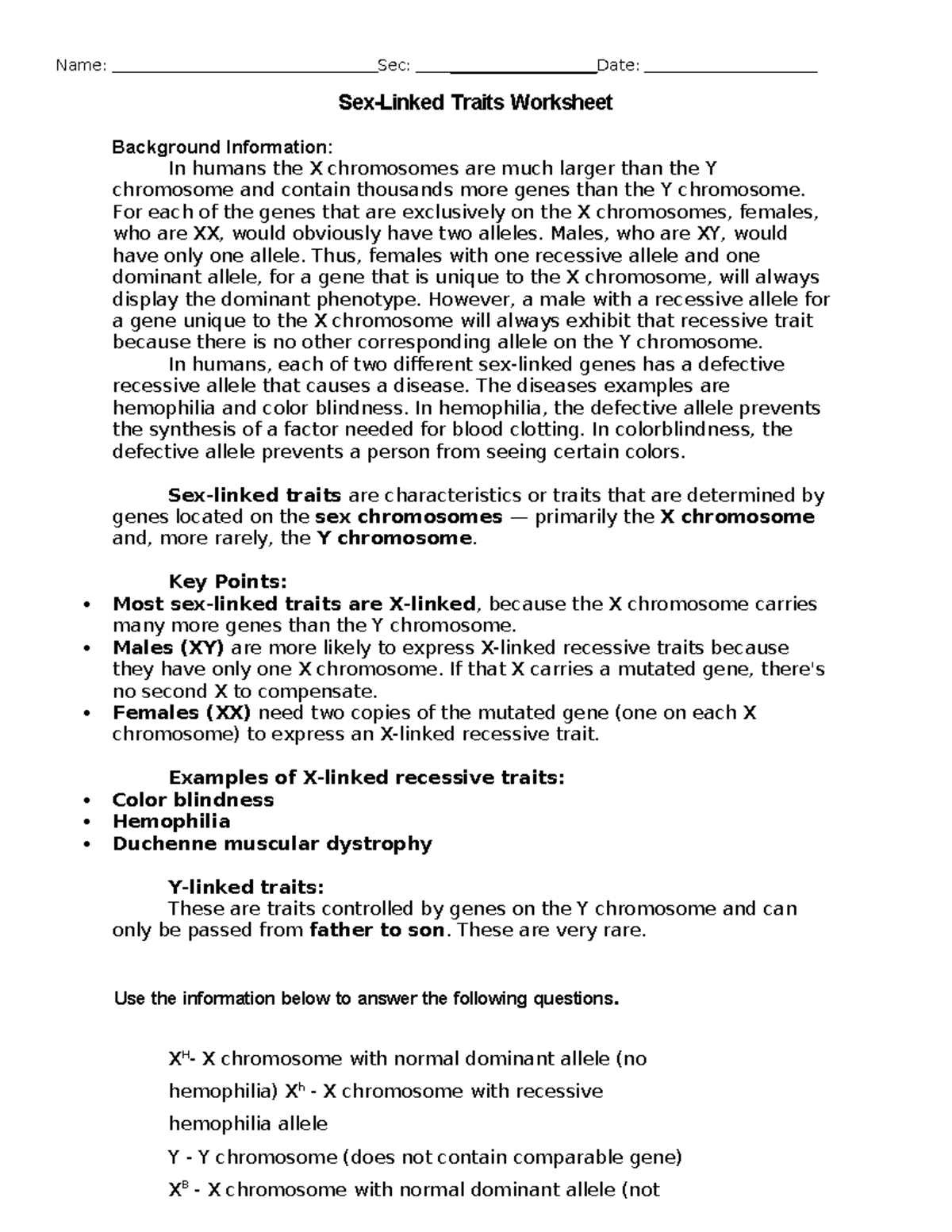 Sex-linked Traits Worksheet - HHEHE - Studocu