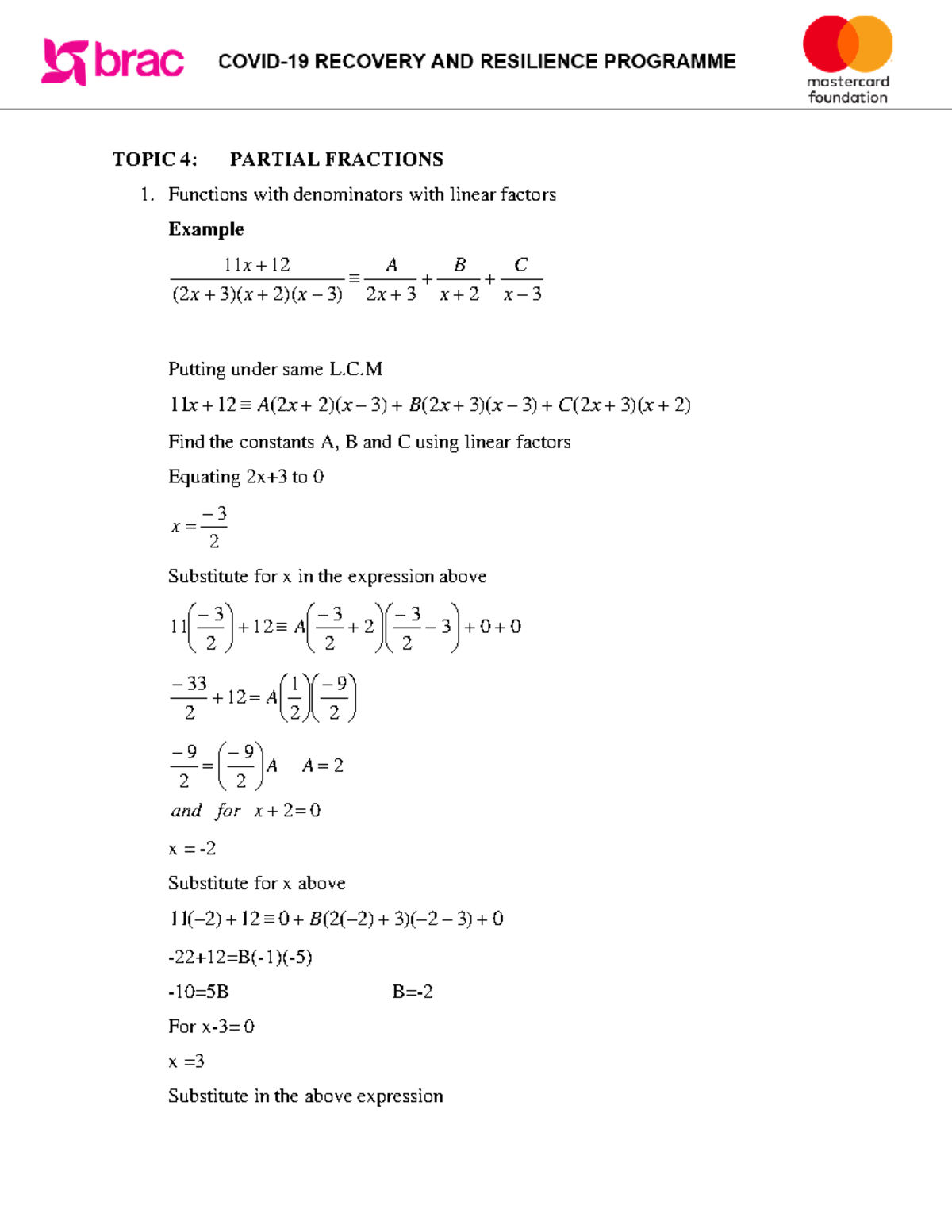 Partial Fractions Concepts for First Year Students - Math 101 - Studocu