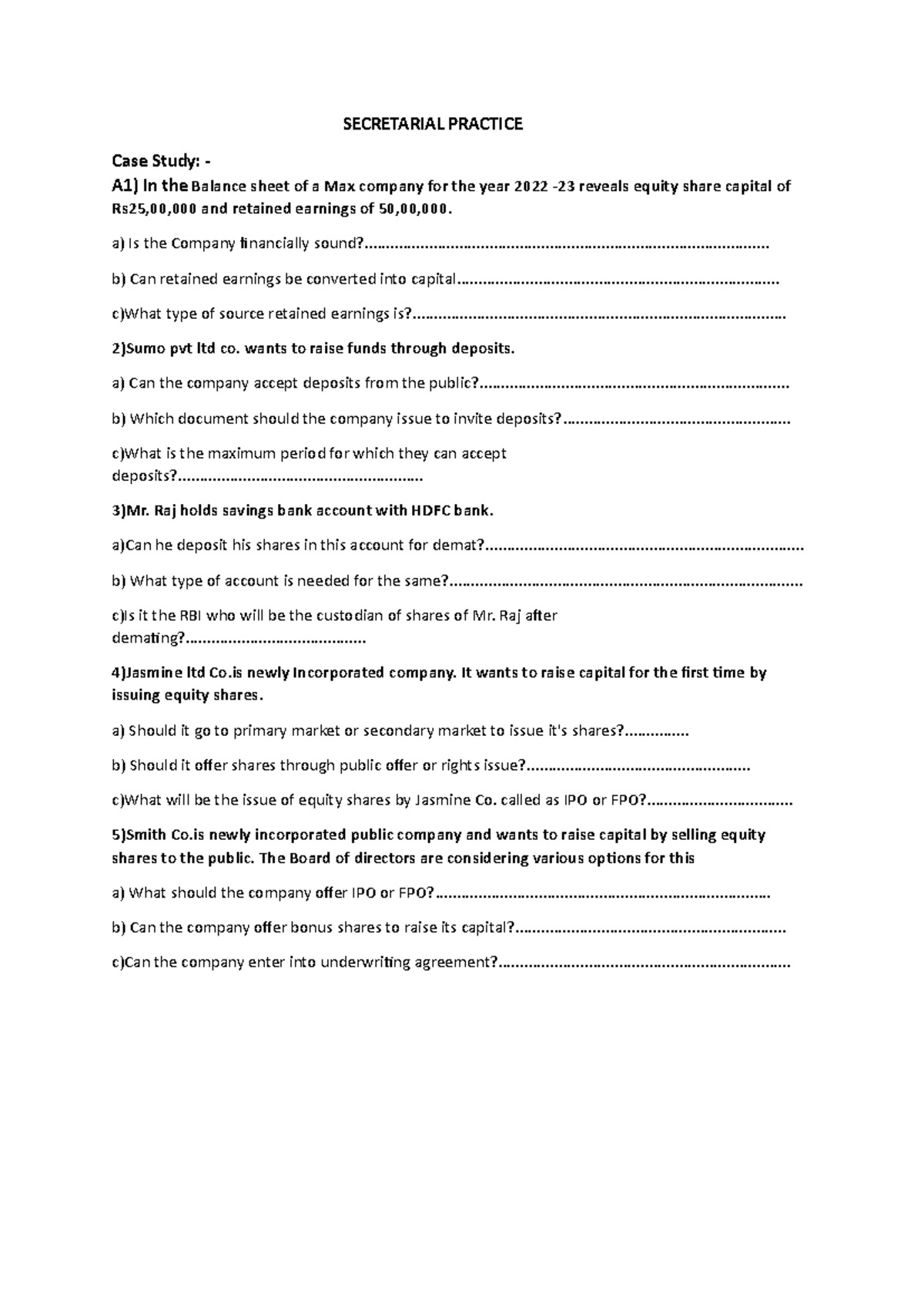 SECRETARIAL PRACTICE Case Study: Financial Analysis & Fundraising ...