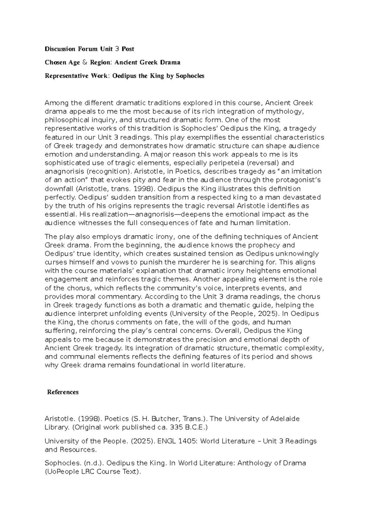 ENGL 1405 Discussion Forum Unit 3: Analysis of Oedipus the King - Studocu