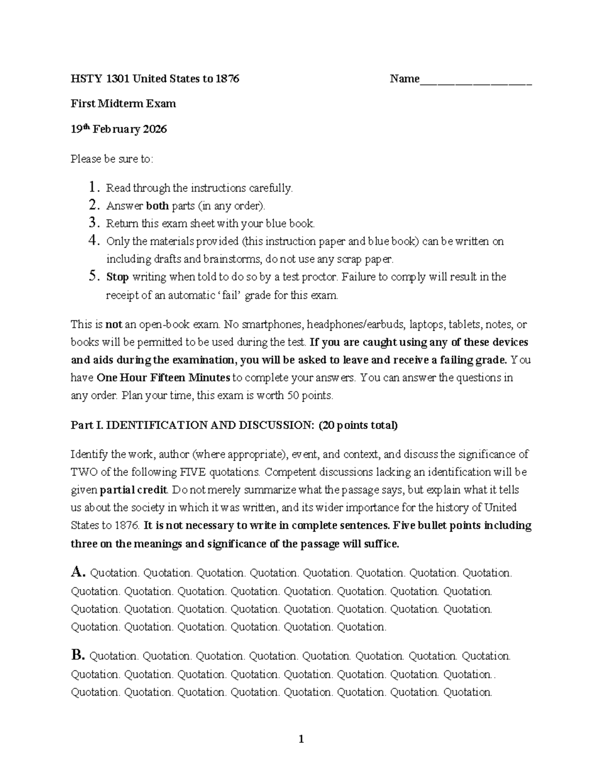 HSTY 1301 First Midterm Exam Instructions - Studocu