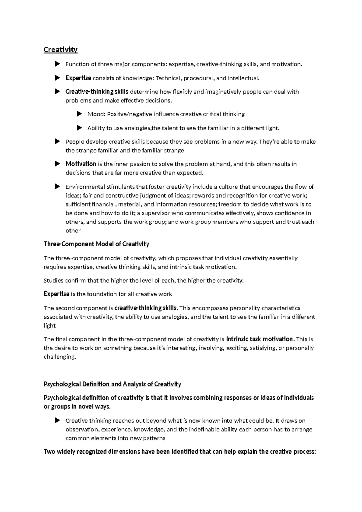 Creativity-Notes: Exploring the Three Components of Creativity - Studocu