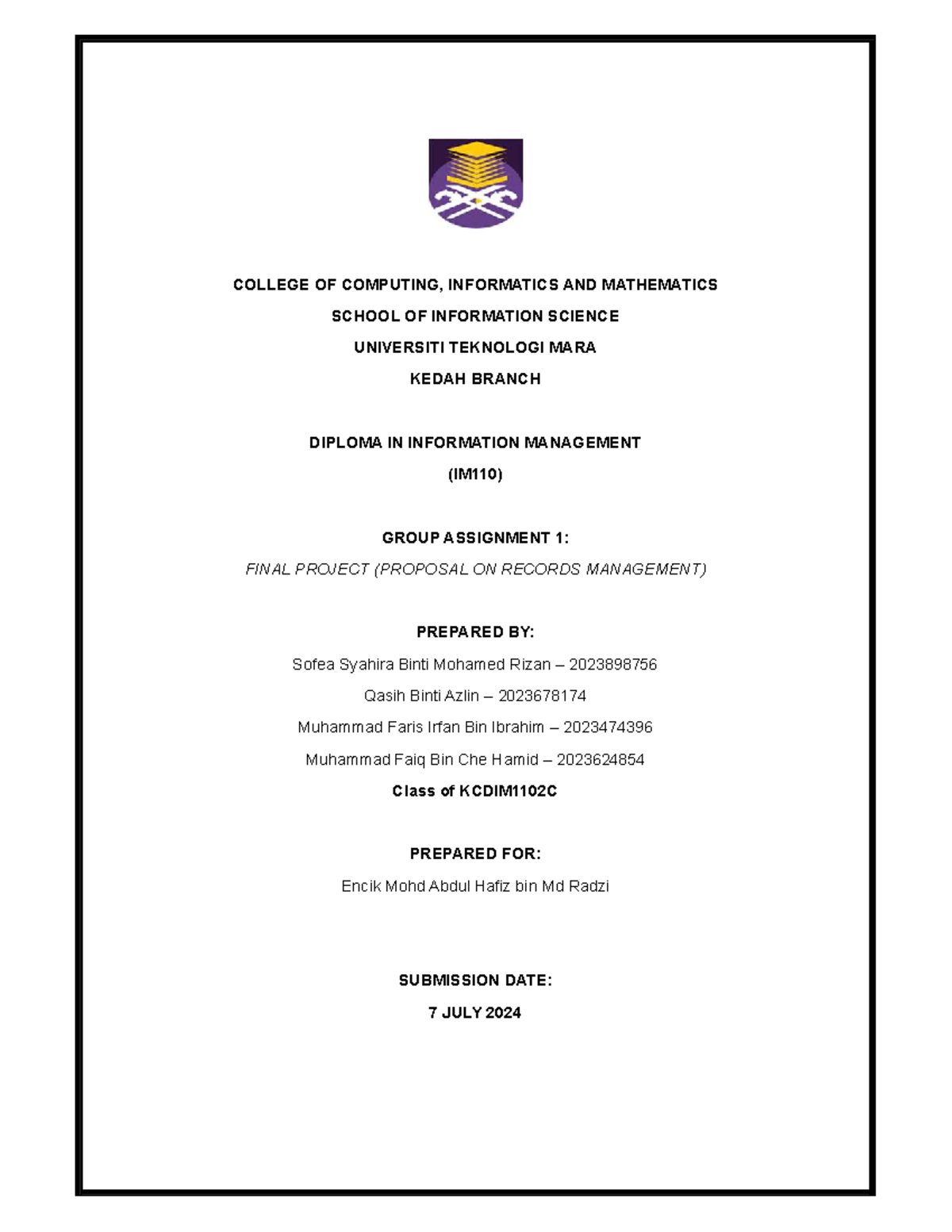 IMD 161 Group Assignment 1: Proposal on Records Management - Studocu