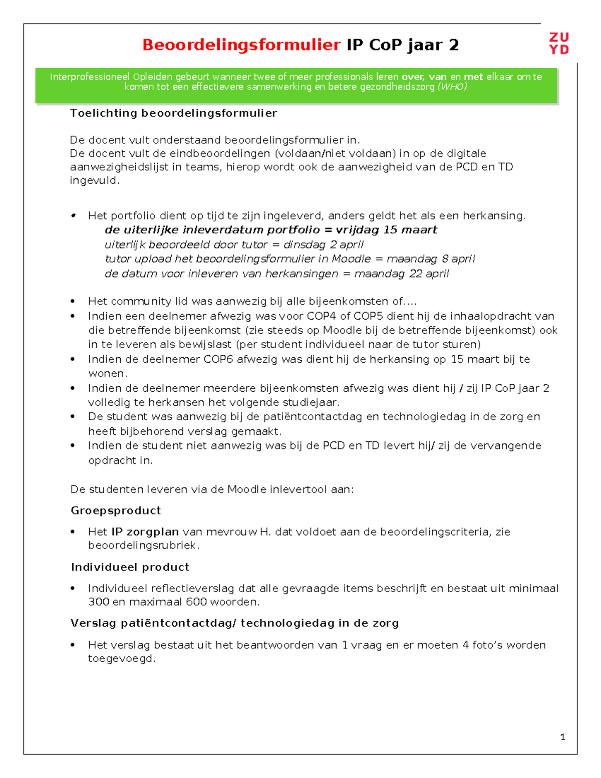 Beoordelingsformulier IP CoP Jaar 2 - 23/24 en Richtlijnen voor ...
