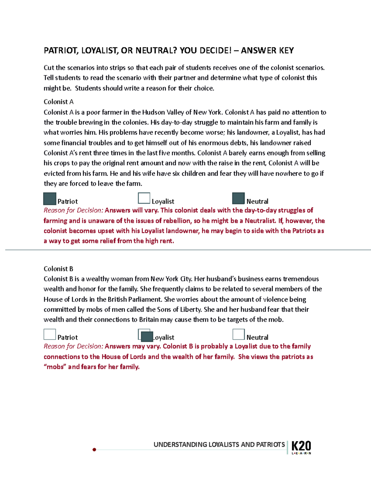Patriot, Loyalist, or Neutral? Study Scenarios with Answer Key - Studocu