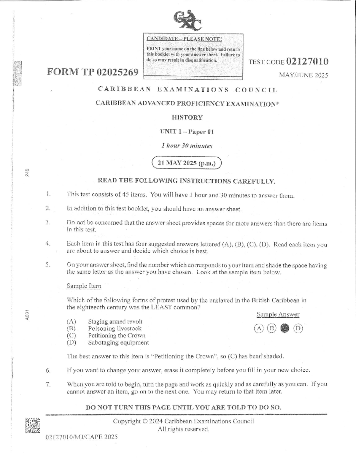 History Unit 1 Exam Paper - May 2025 (Test Code: 02127010) - Studocu
