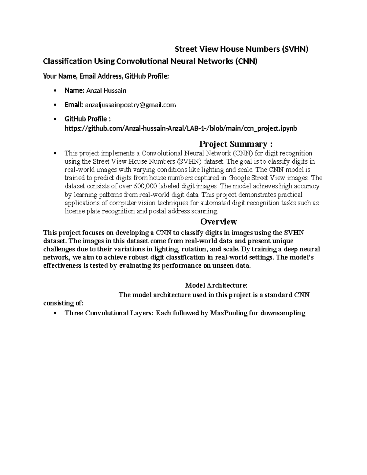 SVHN Classification Using CNN - Final Project Report - Studocu