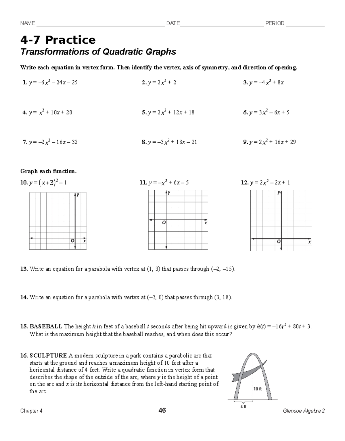 Practice Worksheet: Transformations of Quadratic Graphs (Algebra 2 ...