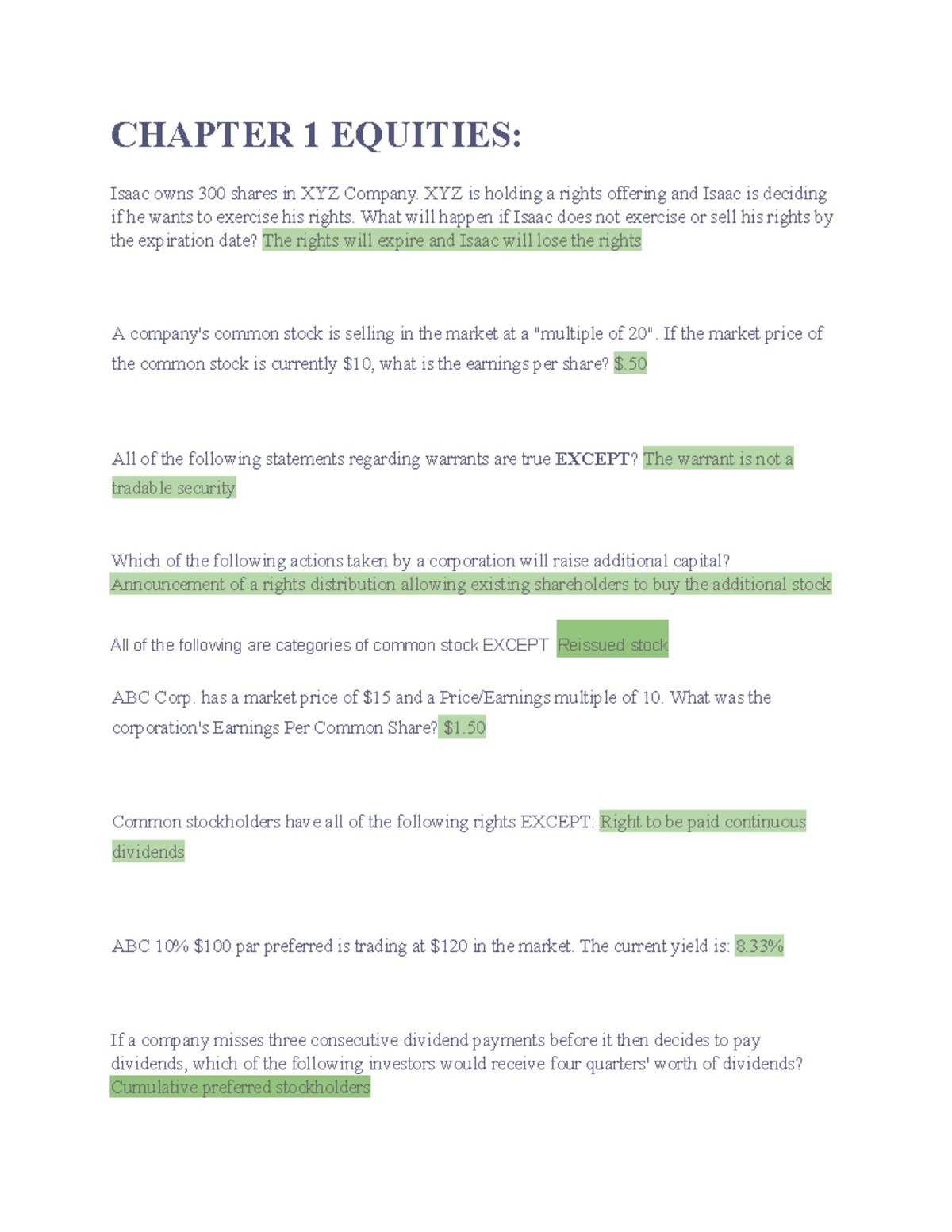 PASS Perfect Answers - CHAPTER 1 EQUITIES: Isaac owns 300 shares in XYZ ...