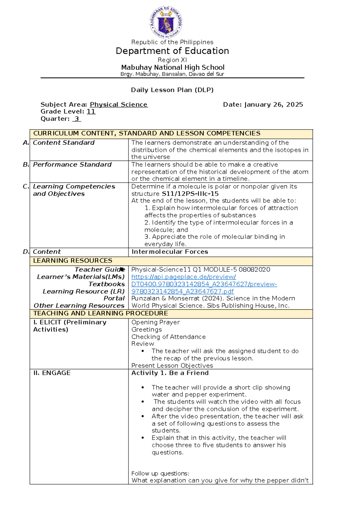 LP8 - Daily Lesson Plan on Intermolecular Forces for Grade 11 - Studocu