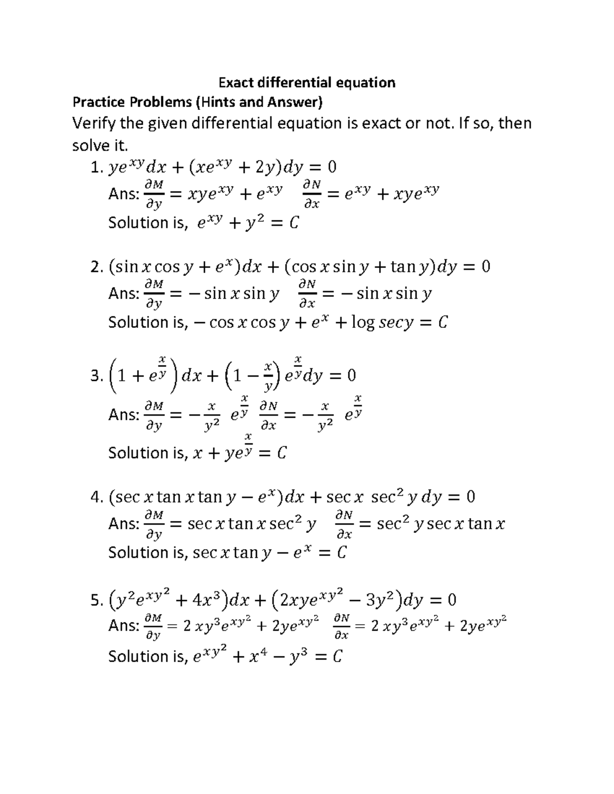 Exact Differential Equations Practice Problems and Solutions - Studocu