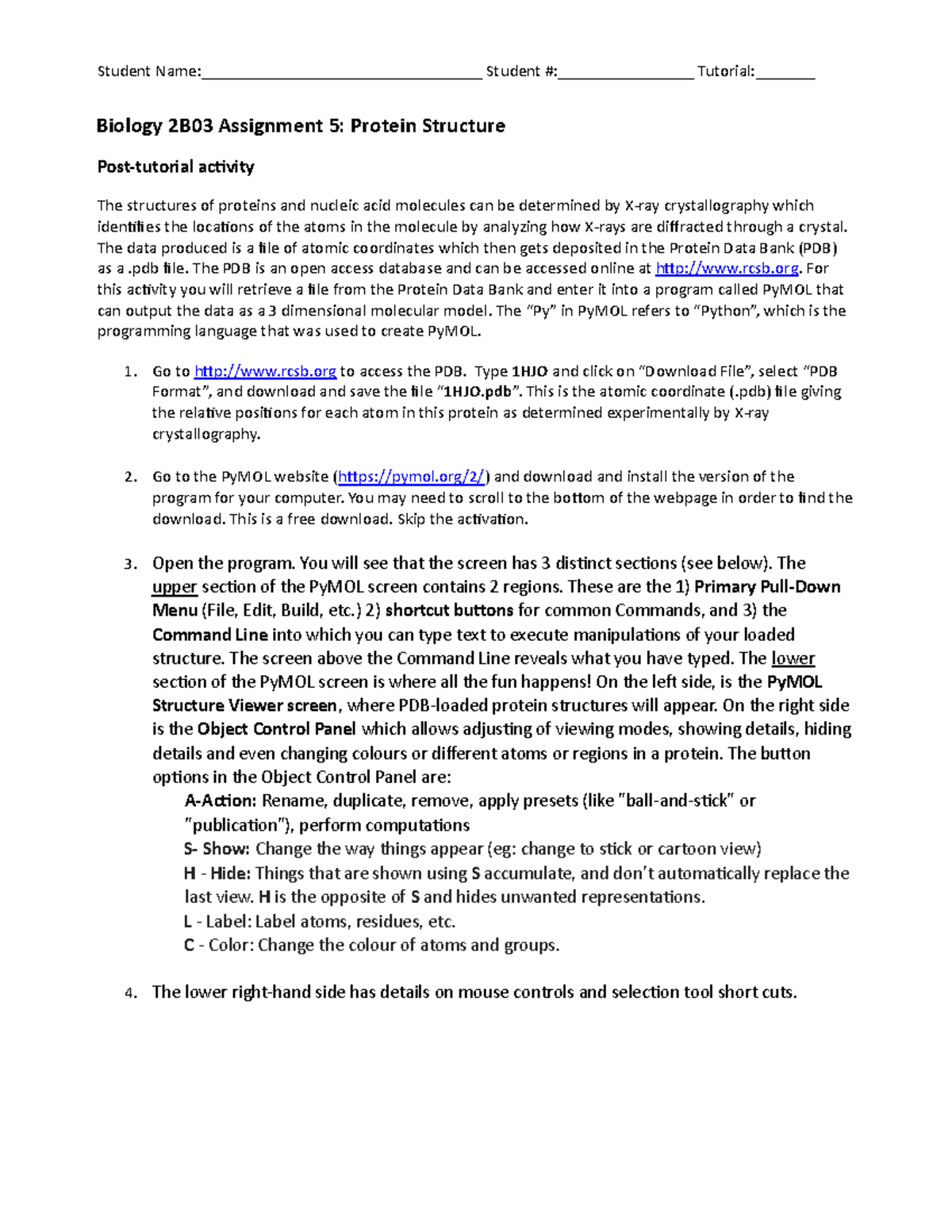 BIO2B03 TUT 5 assignment - Biology 2B03 Assignment 5: Protein Structure ...