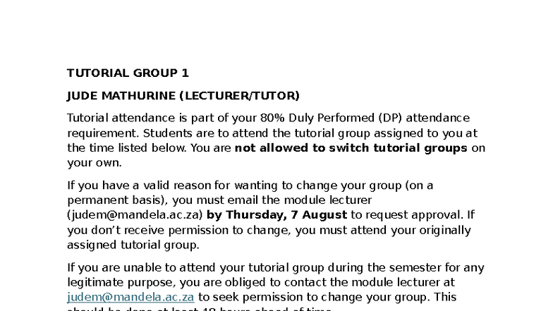 Tutorial Attendance for Group 1-4 (Course Code: 110825) - Studocu