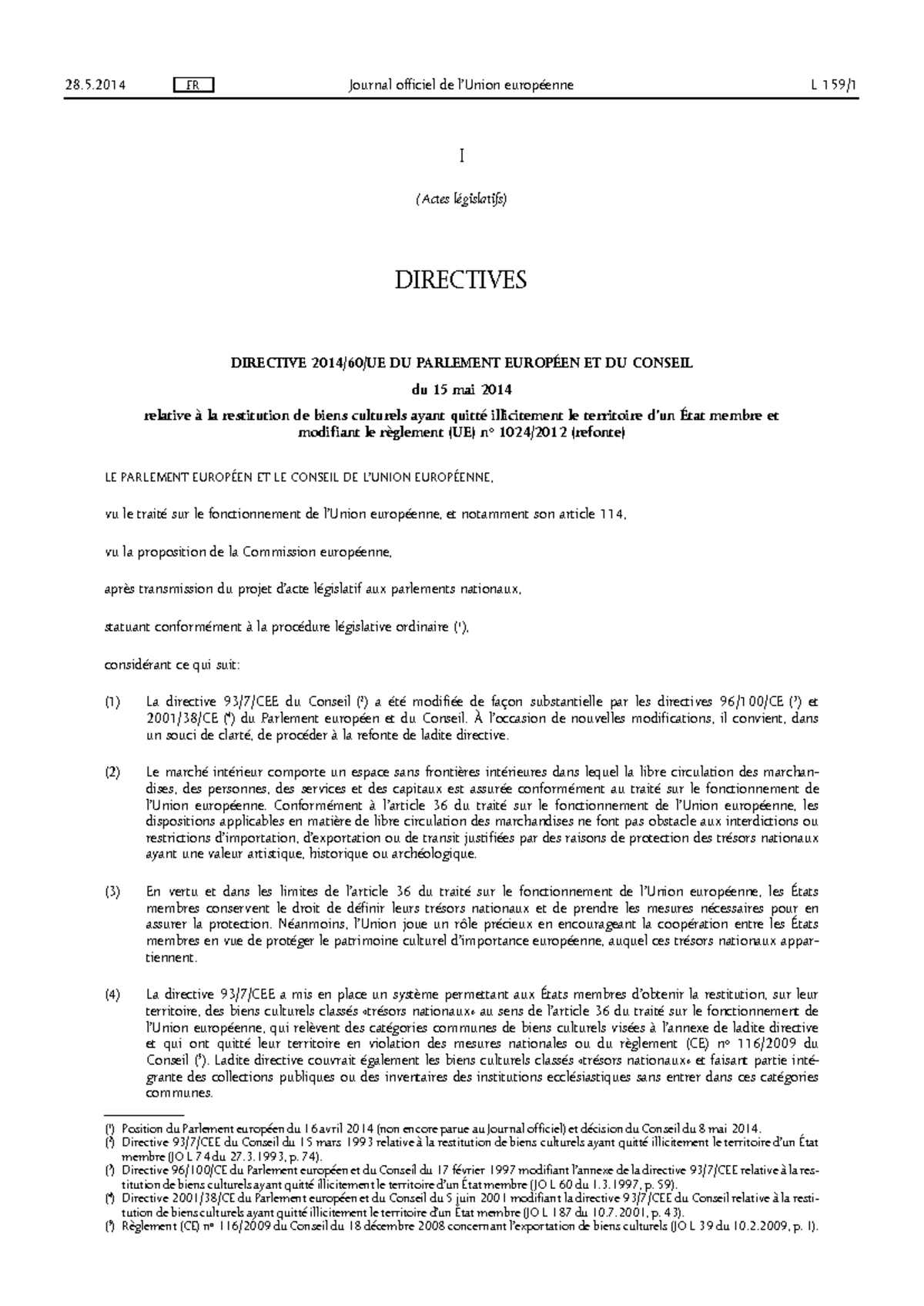Directive 2014/60/UE sur la Restitution des Biens Culturels ...