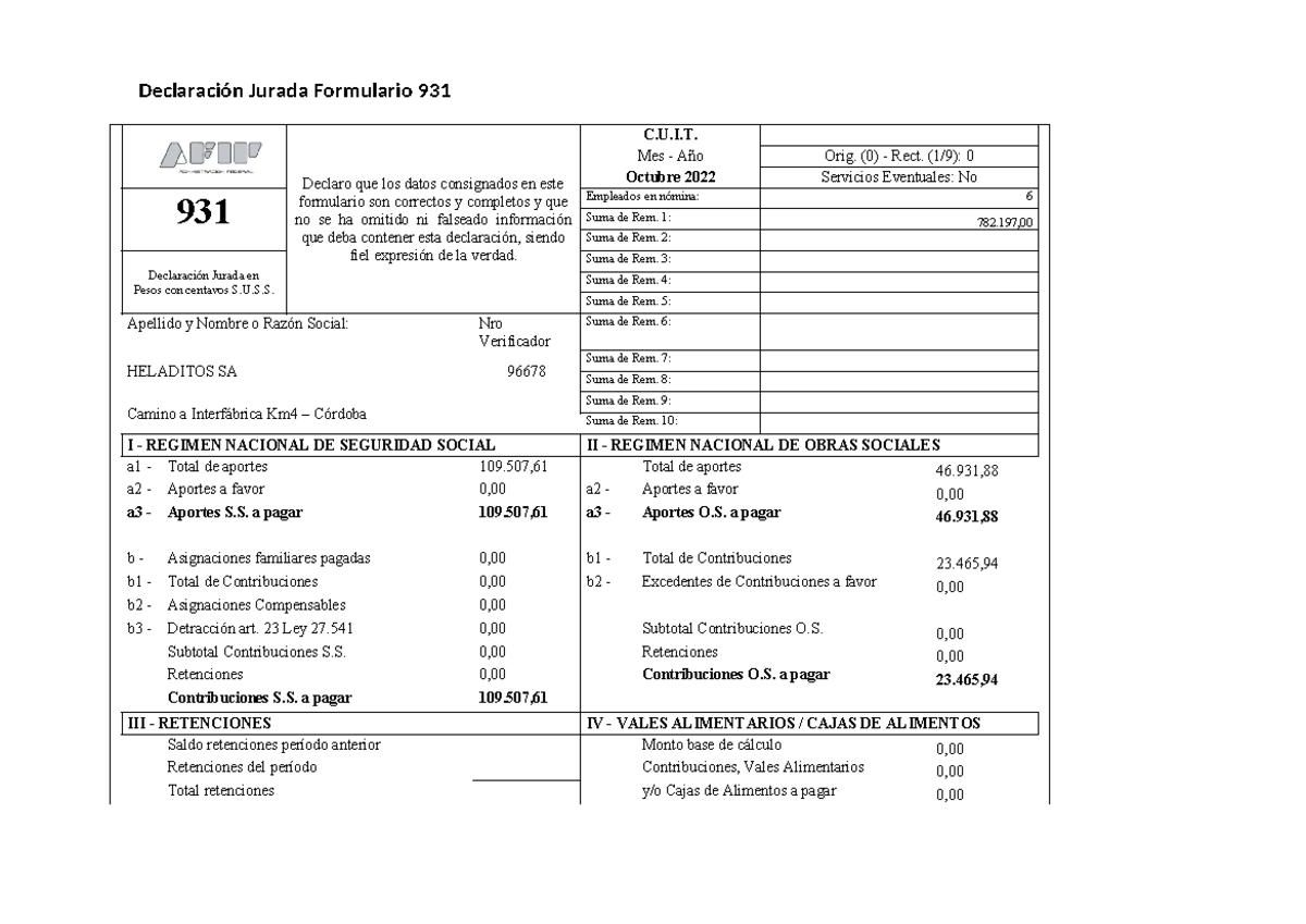 Trabajo practico Laboral Arias - Declaración Jurada Formulario 931 ...